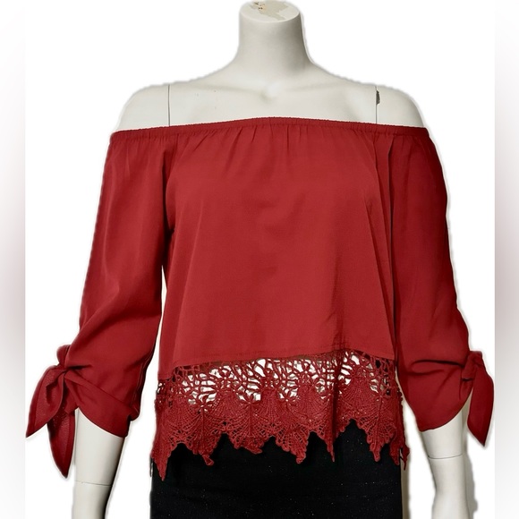 Tops | Over The Shoulders Scrunch Wrist Bows Lace Red Top | Poshmark